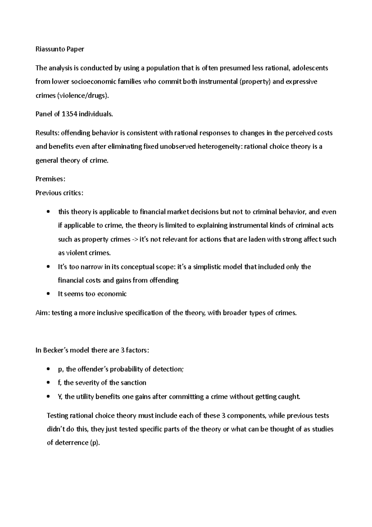 Rational Choice Theory - Riassunto Paper The analysis is conducted by ...