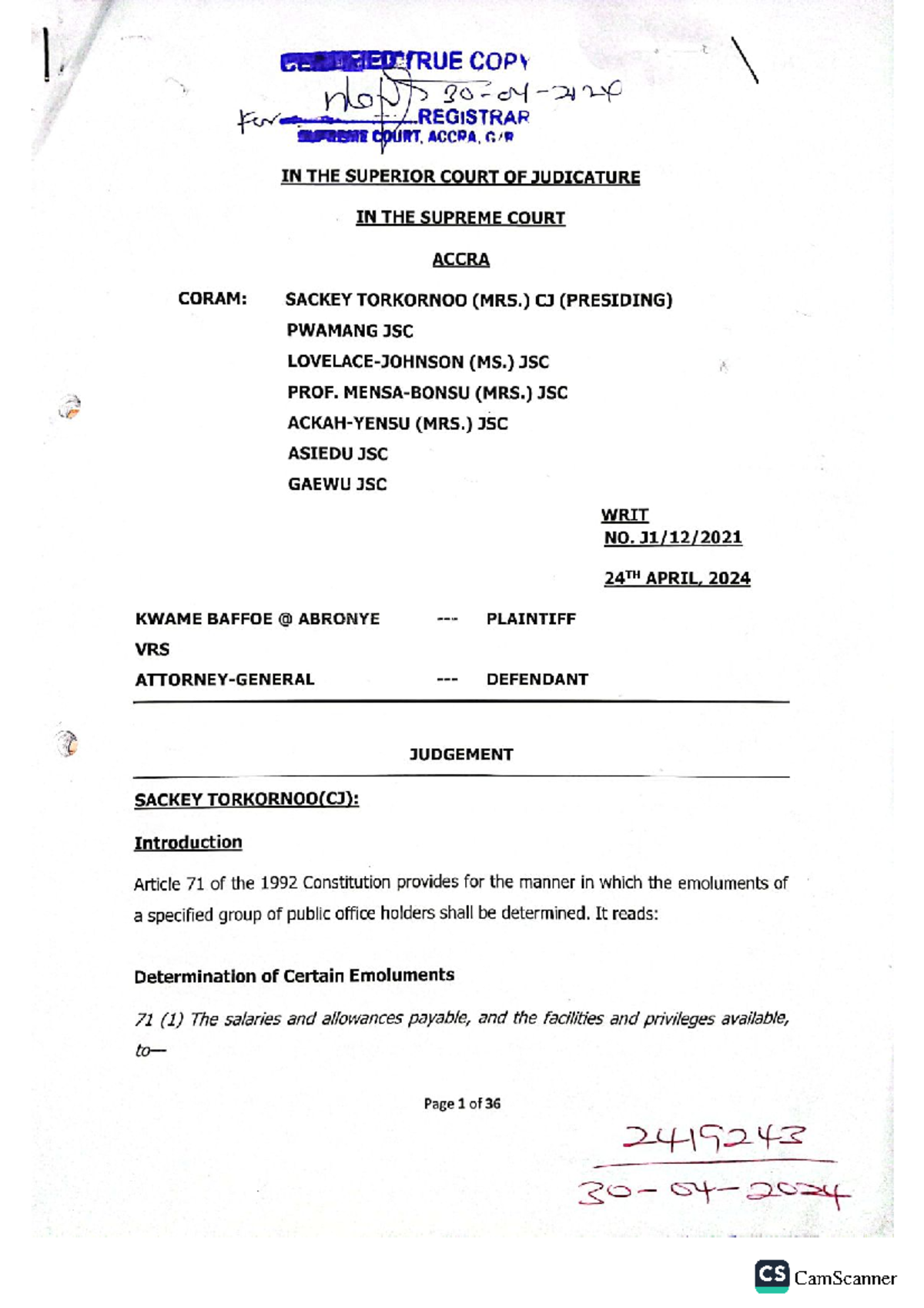 Kwame Baffoe VRS Attorney General - CERTIFIED RUE COPY REGISTRAR ...