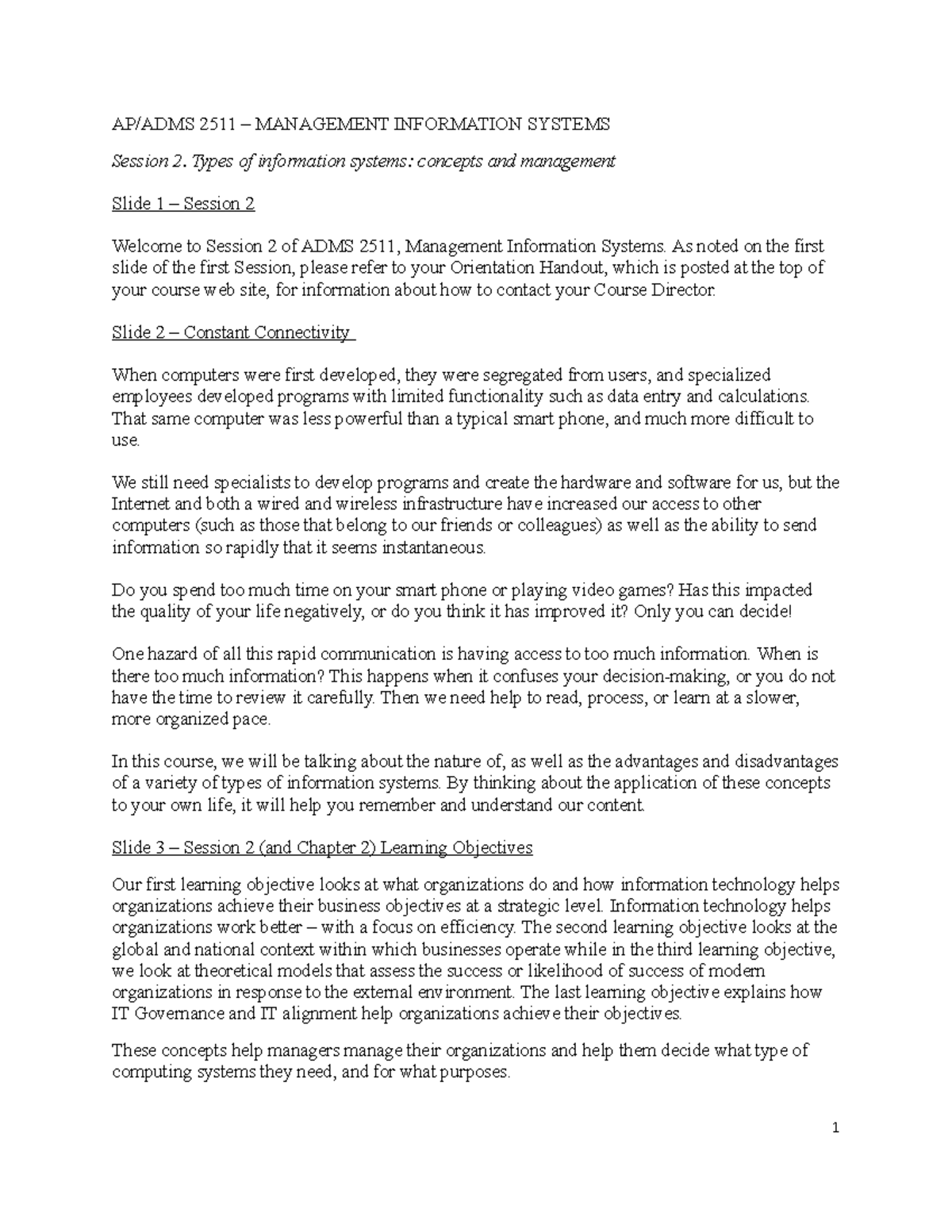 S 2 text 2017 - AP/ADMS 2511 – MANAGEMENT INFORMATION SYSTEMS Session 2. Types of information ...