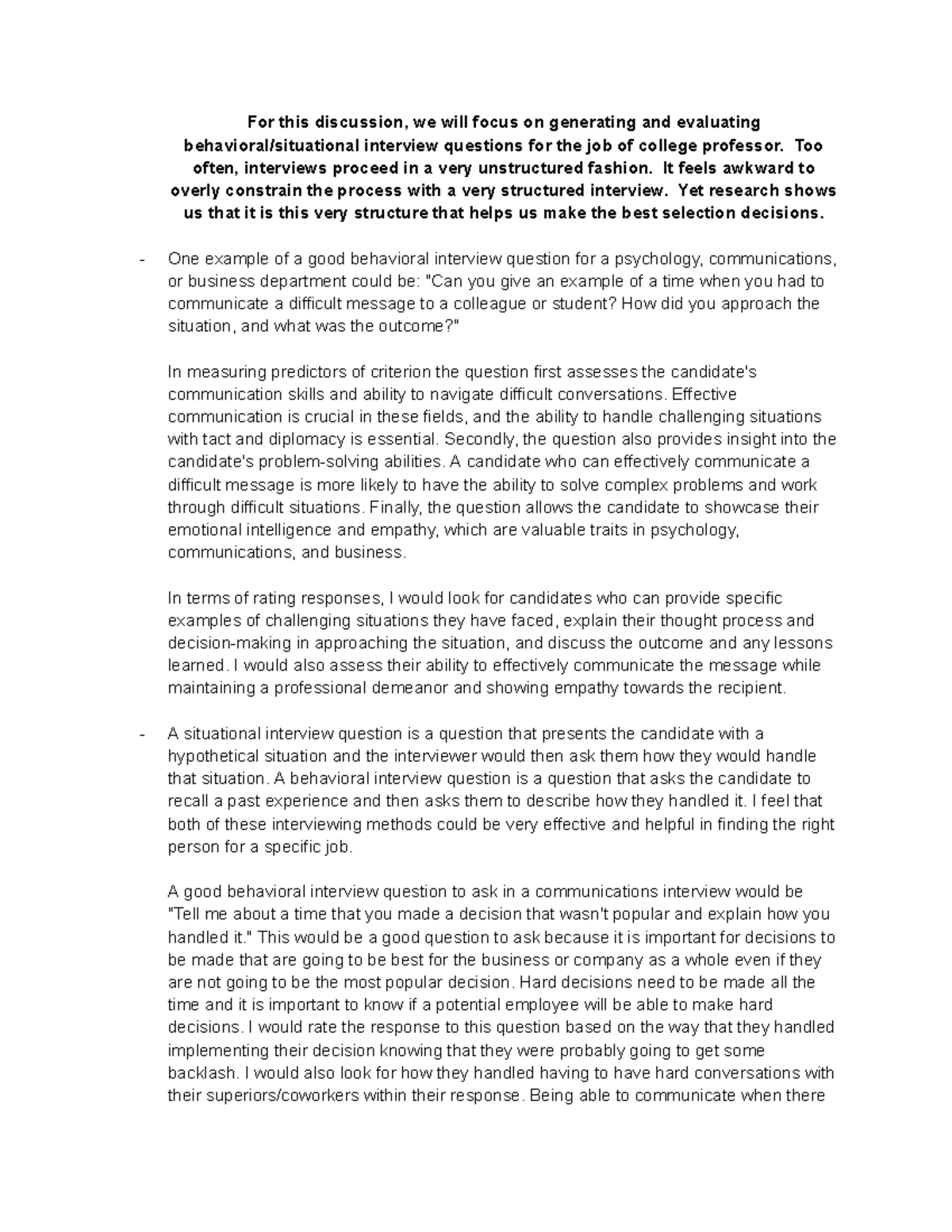 5th Discussion Behavioral and Situational Interviewing Pt. 3 - For this ...