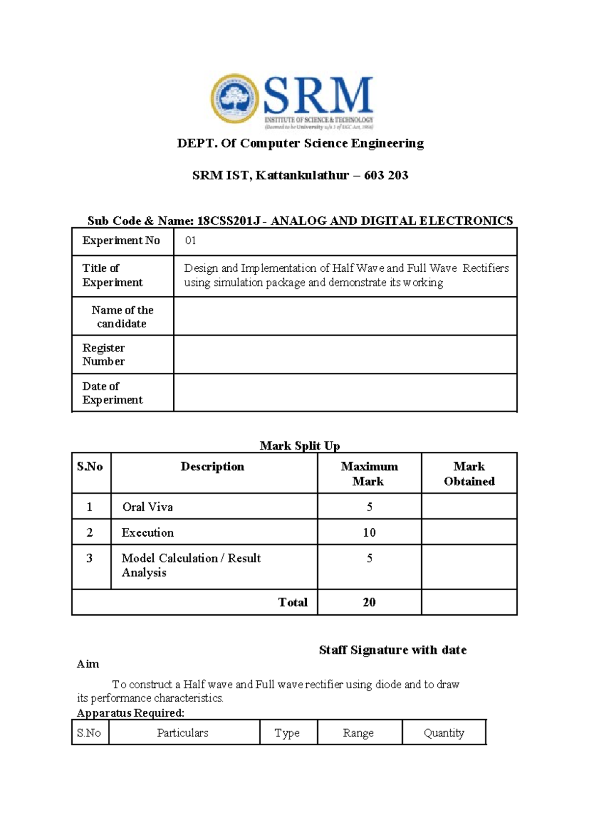 Exp1 - RFSYIII - DEPT. Of Computer Science Engineering SRM IST ...