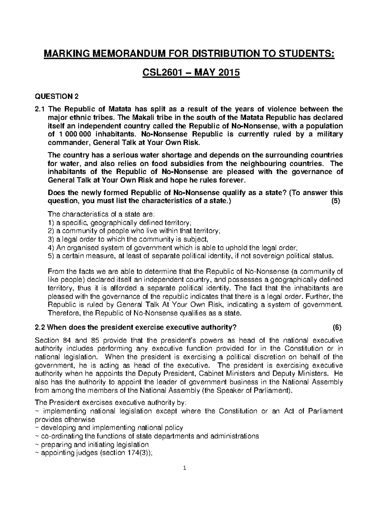 CSL2601 MAY 2015 EXAM MEMO-1 - MARKING MEMORANDUM FOR DISTRIBUTION TO ...