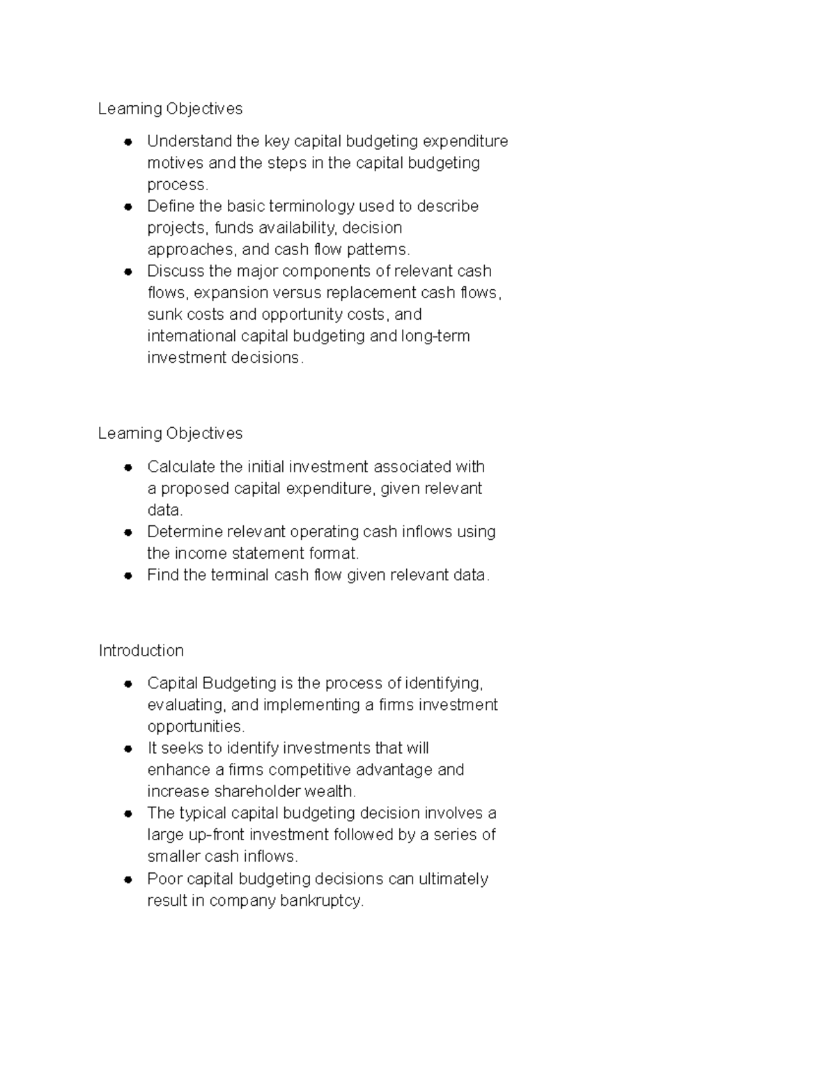 Finance notes part 3 - Learning Objectives Understand the key capital ...