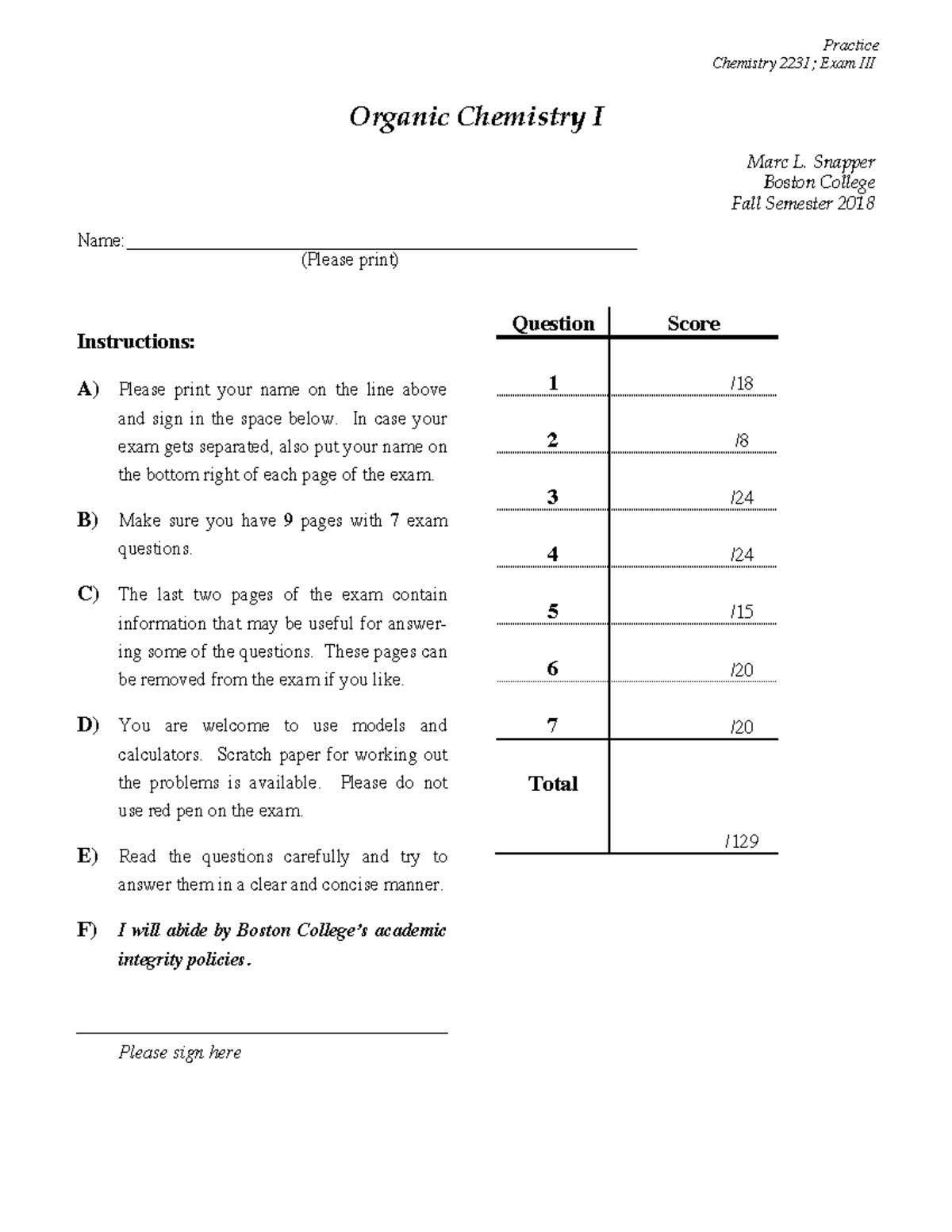 Practice Midterm III - Organic Chemistry I Marc L. Snapper Boston ...