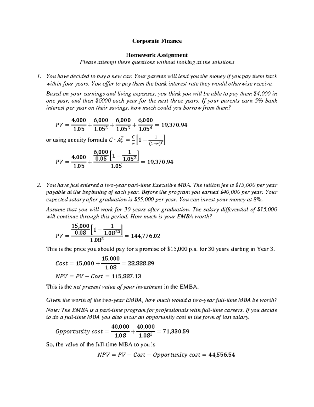 Homework assignment - Corporate Finance Homework Assignment Please ...