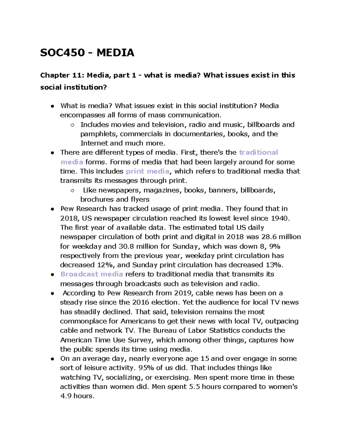 SOC 450 - Media Notes - SOC450 - MEDIA Chapter 11: Media, part 1 - what ...