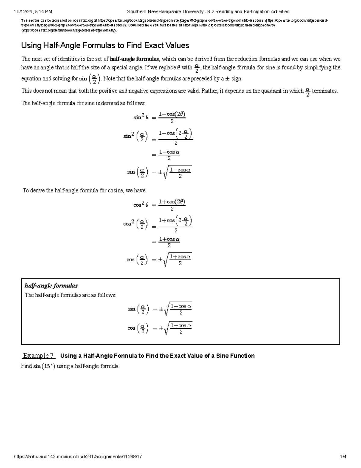 Southern New Hampshire University - 6-16 Using Half Angle Formulas to Find Exact Values - This ...