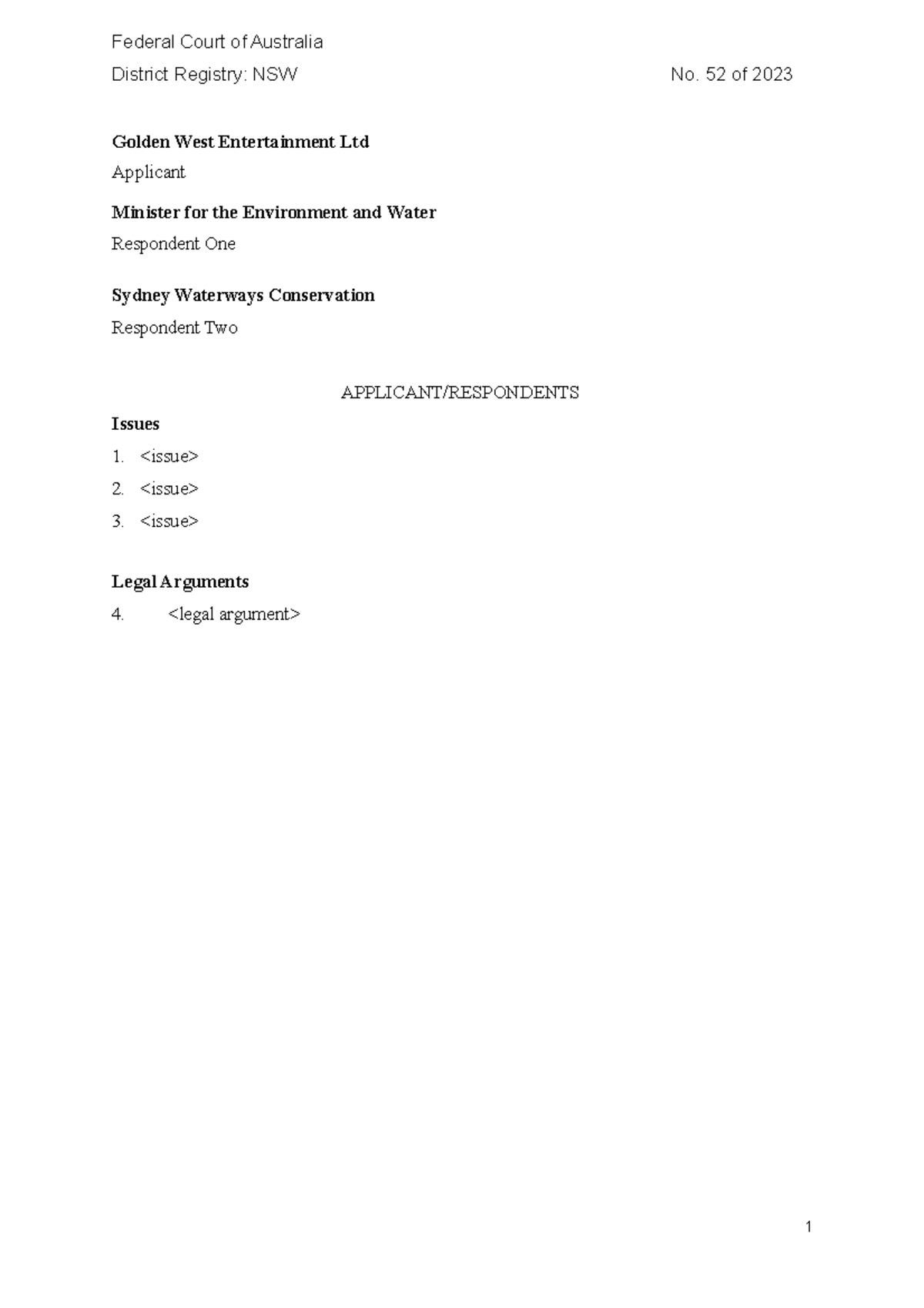 Moot Template for Written Submissions - District Registry: NSW No. 52 ...