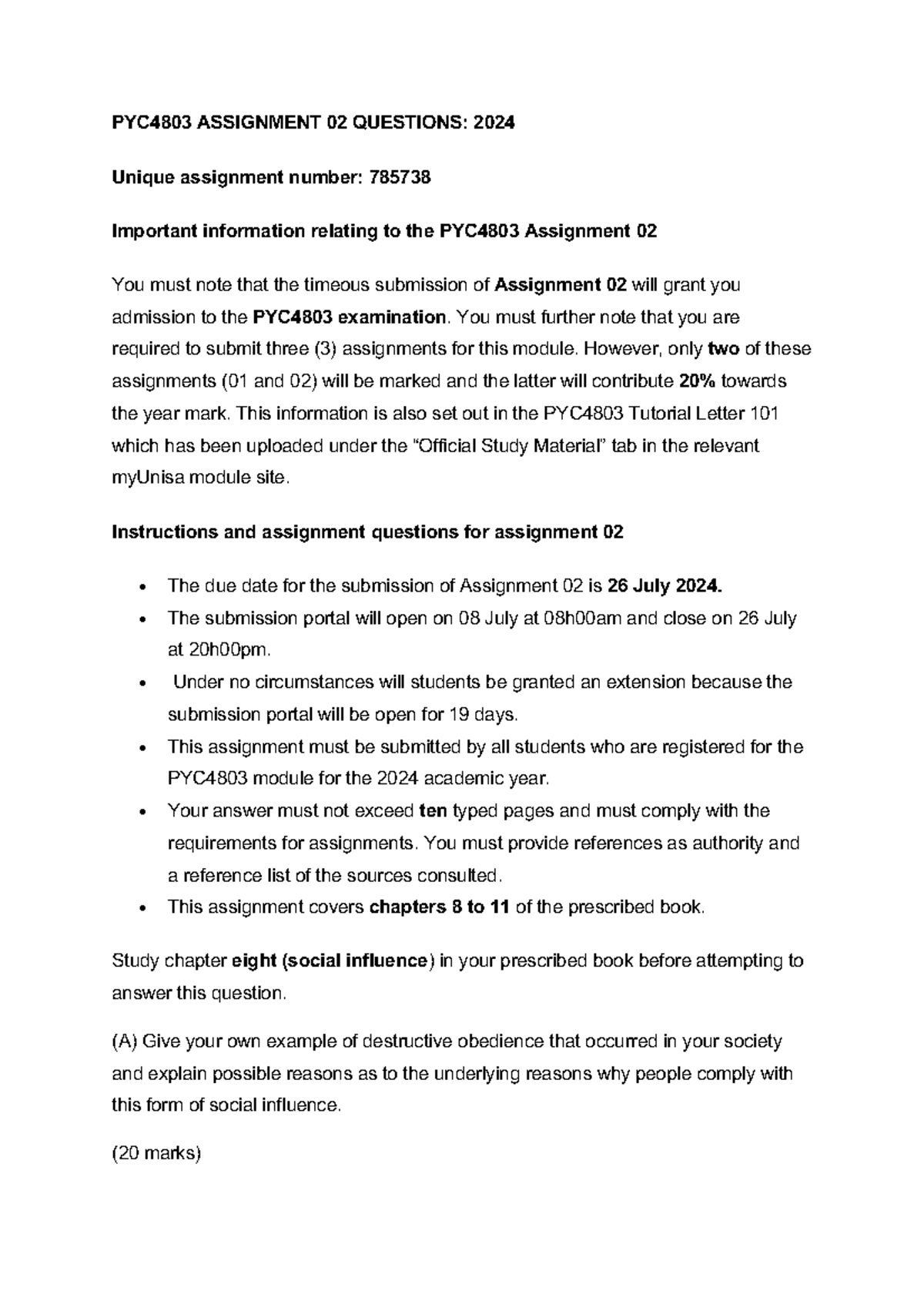 PYC4803 Assignment 02 Questions - 2024 - PYC4803 ASSIGNMENT 0 2 QUESTIONS: 202 4 Unique ...