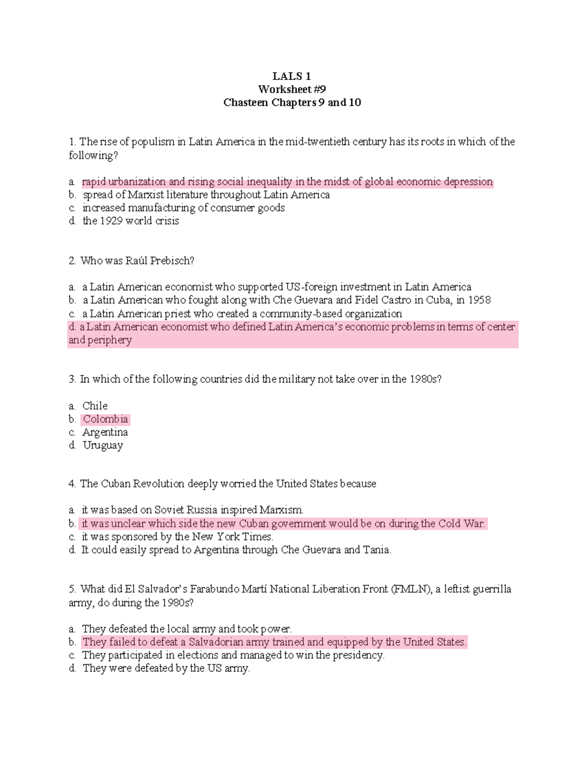 Worksheet 9 Latin America - LALS 1 Worksheet # Chasteen Chapters 9 and ...