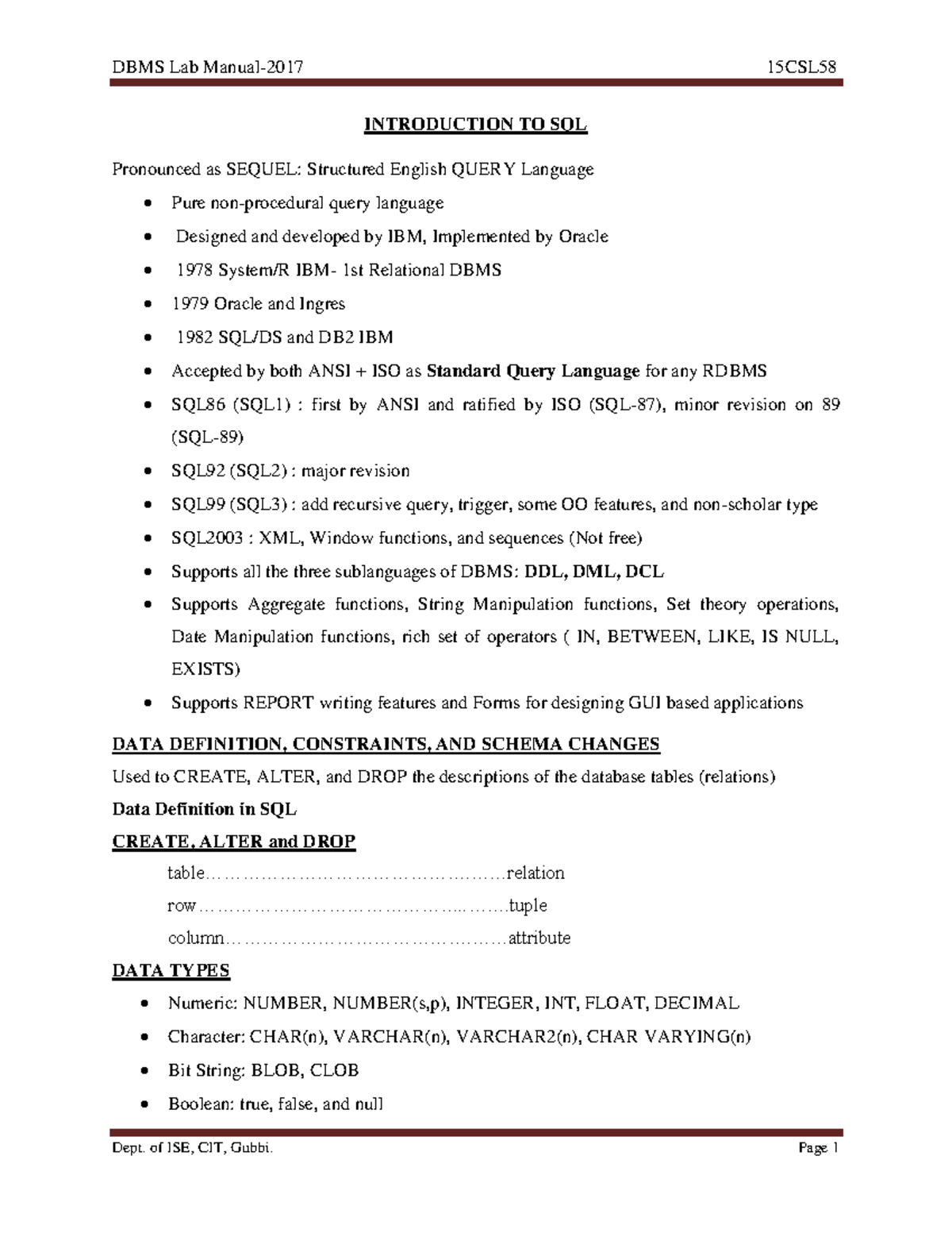 DBMS Manual-2017 ISE - INTRODUCTION TO SQL Pronounced as SEQUEL: Structured English QUERY ...
