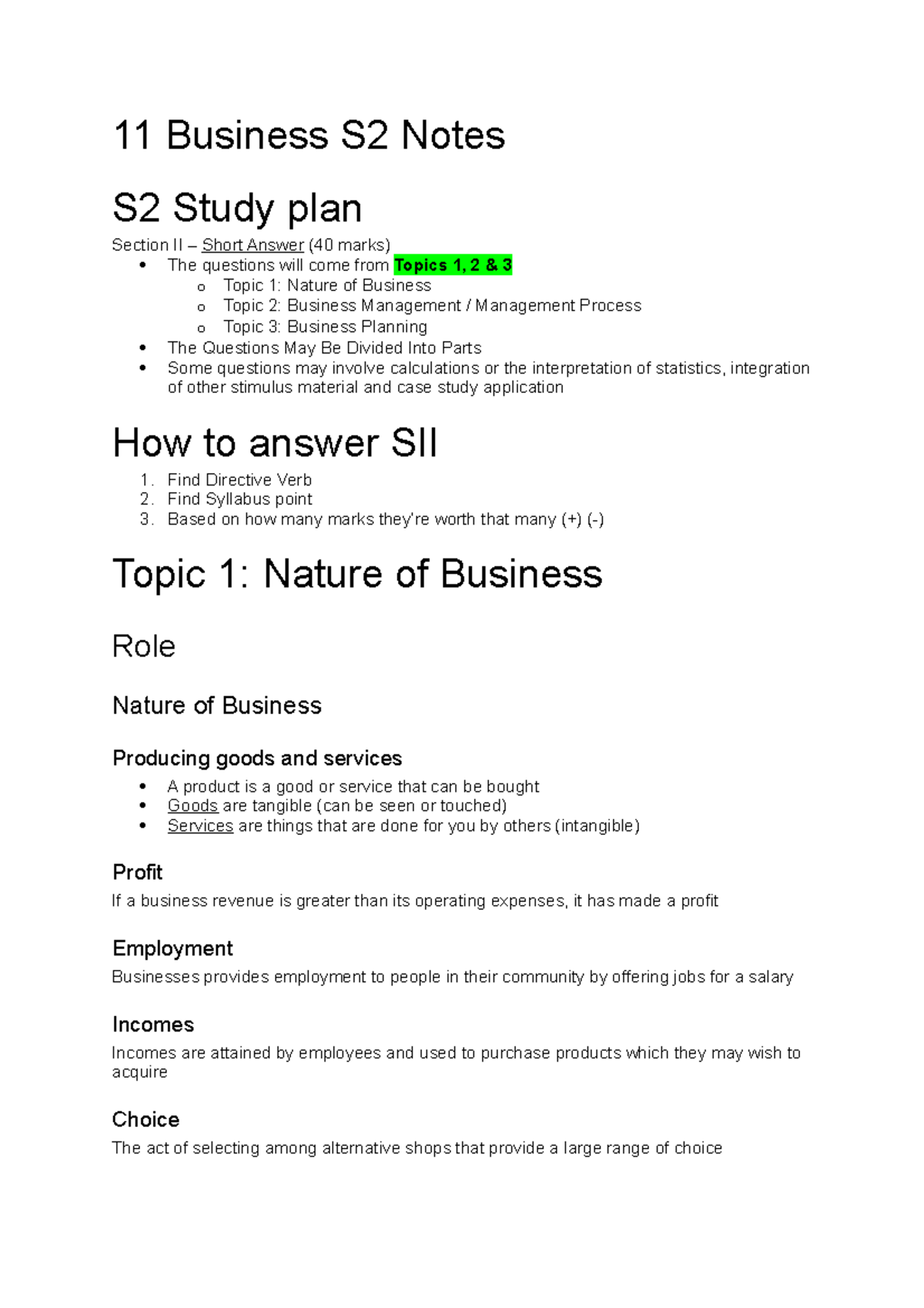 11 Business S2 Notes - good luck - 11 Business S2 Notes S2 Study plan ...