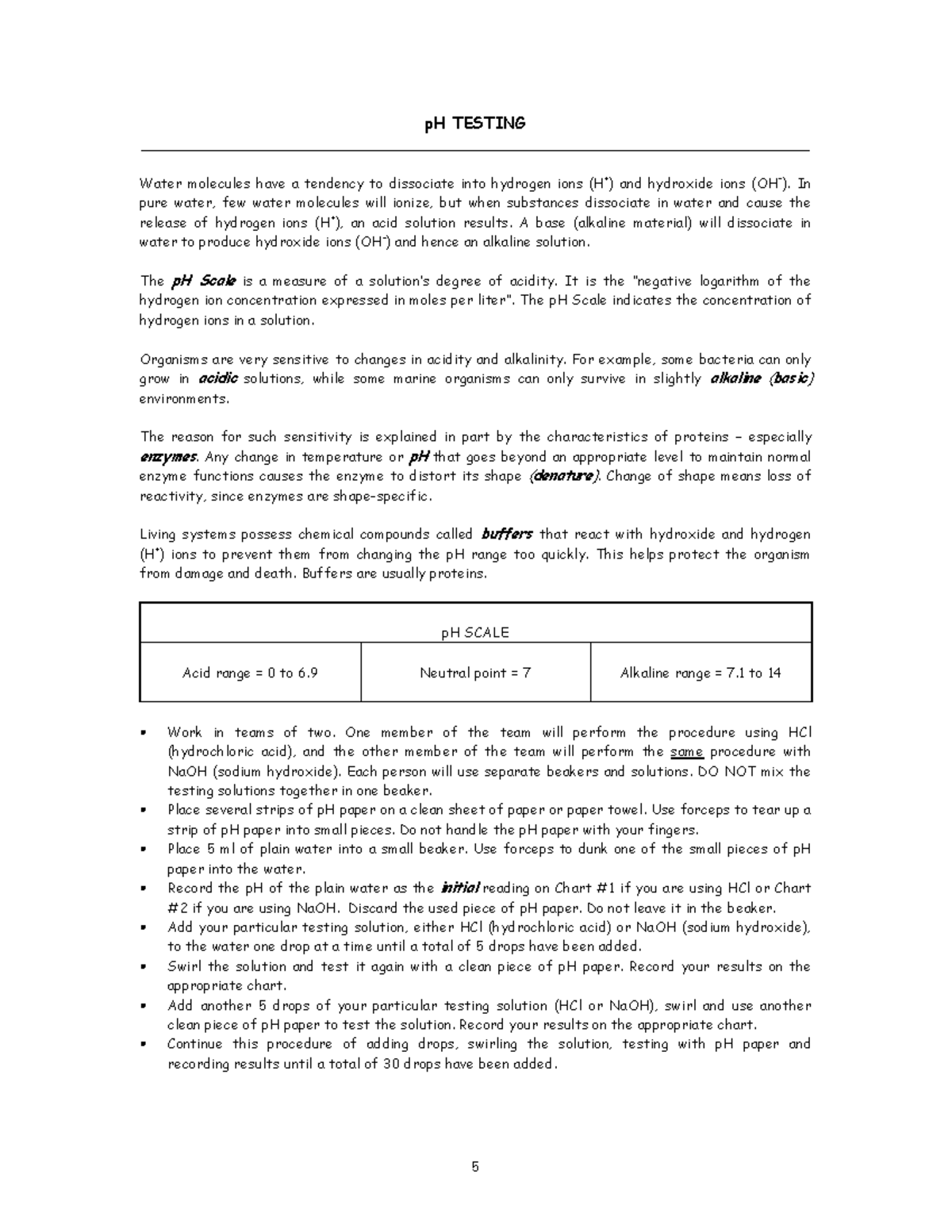 3. BSC 2010 Acid and Base - p H lab - 5 pH TESTING Water molecules have ...