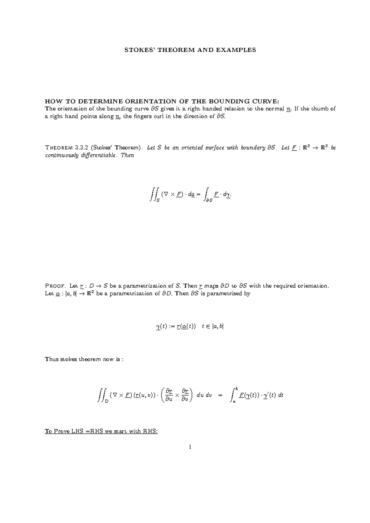 Right hand rule Stoke - Lecture notes 1 - STOKES’ THEOREM AND EXAMPLES ...