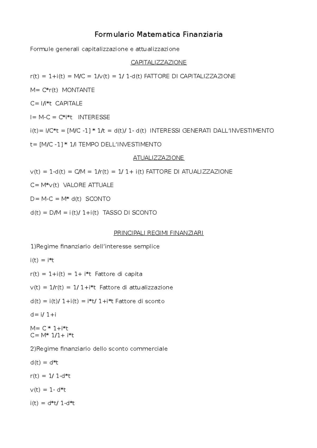 Formulario Matematica Finanziaria - Formulario Matematica Finanziaria ...