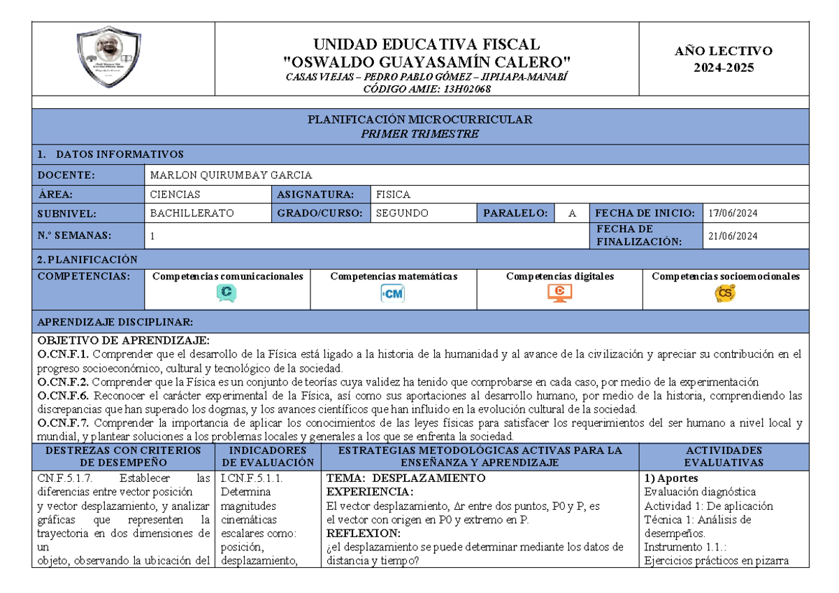 PLAN 2 DE Abordaje 2 BGU Fisica 2024-2025 - UNIDAD EDUCATIVA FISCAL "OSWALDO GUAYASAMÍN - Studocu