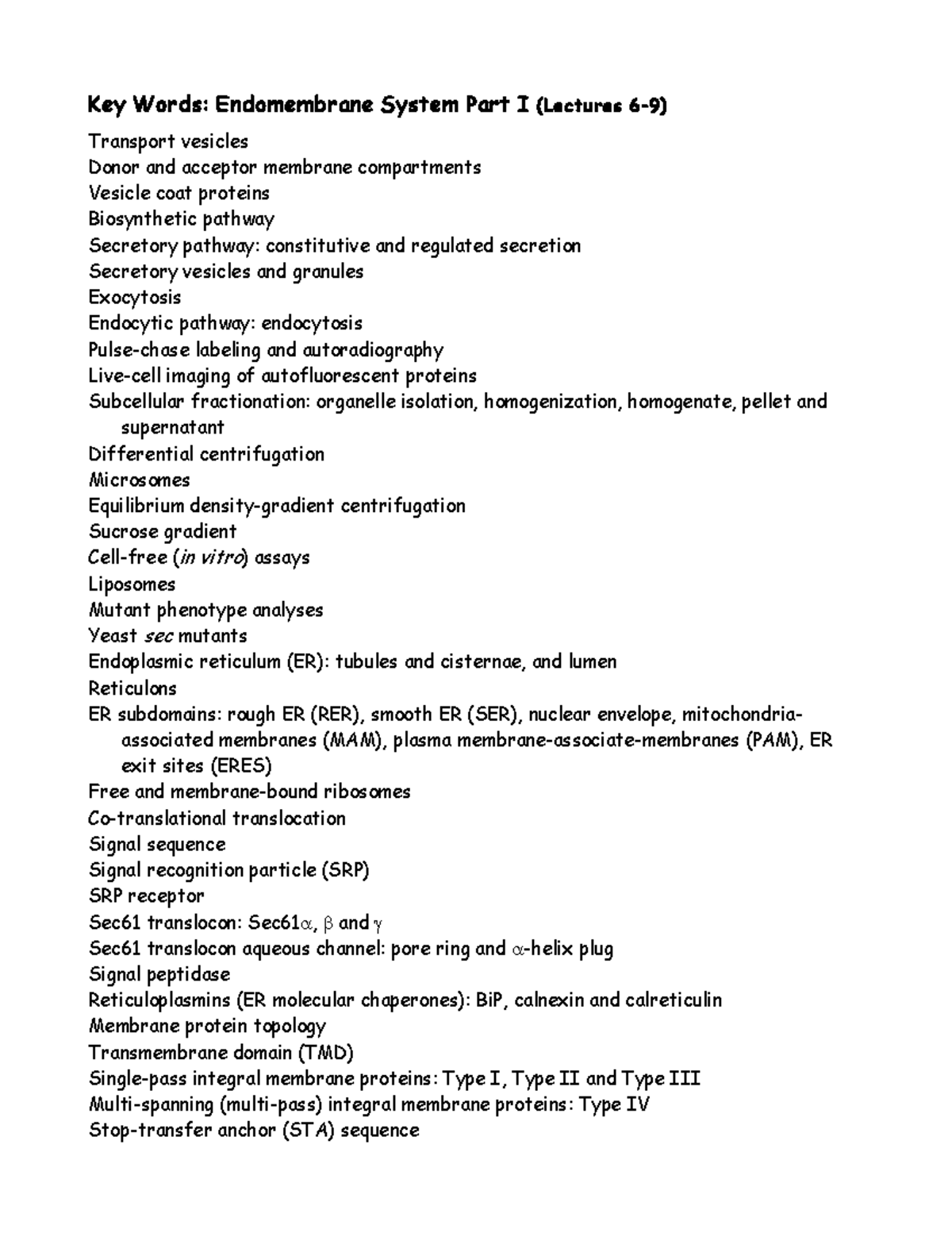 Key words - Endomembrane System Part I - Key Words: Endomembrane System Part I (Lectures 6 - 9 ...