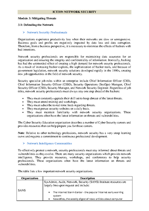 Network Security (ICT319)- Module 1 - ICT319: NETWORK SECURITY Module 1: Securing network ...