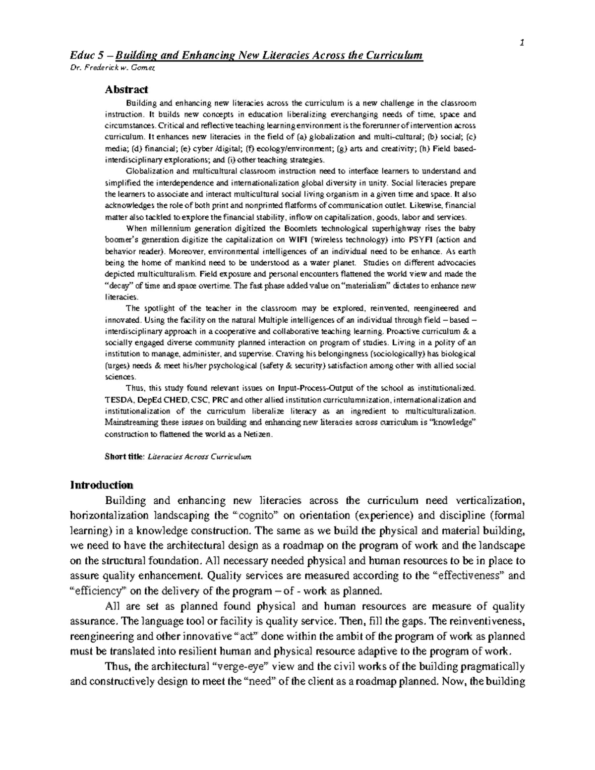 Building and Enhancing New Literacies Ac - Frederick w. Gomez Abstract ...