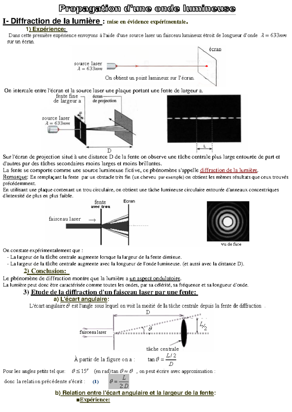 Propagation des ondes lumineuses cours 5 1 - I- Diffraction de la lumière : mise en évidence ...