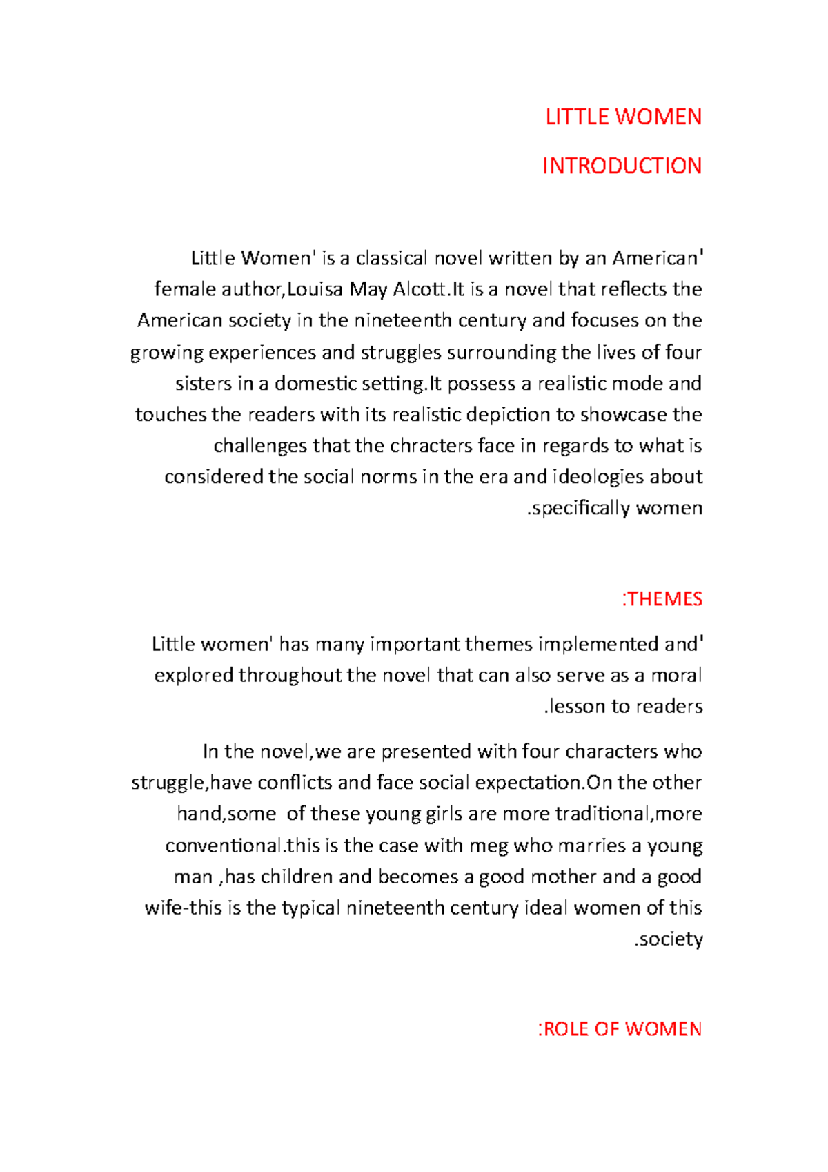 Little Women by Alcott - LITTLE WOMEN INTRODUCTION Little Women' is a ...