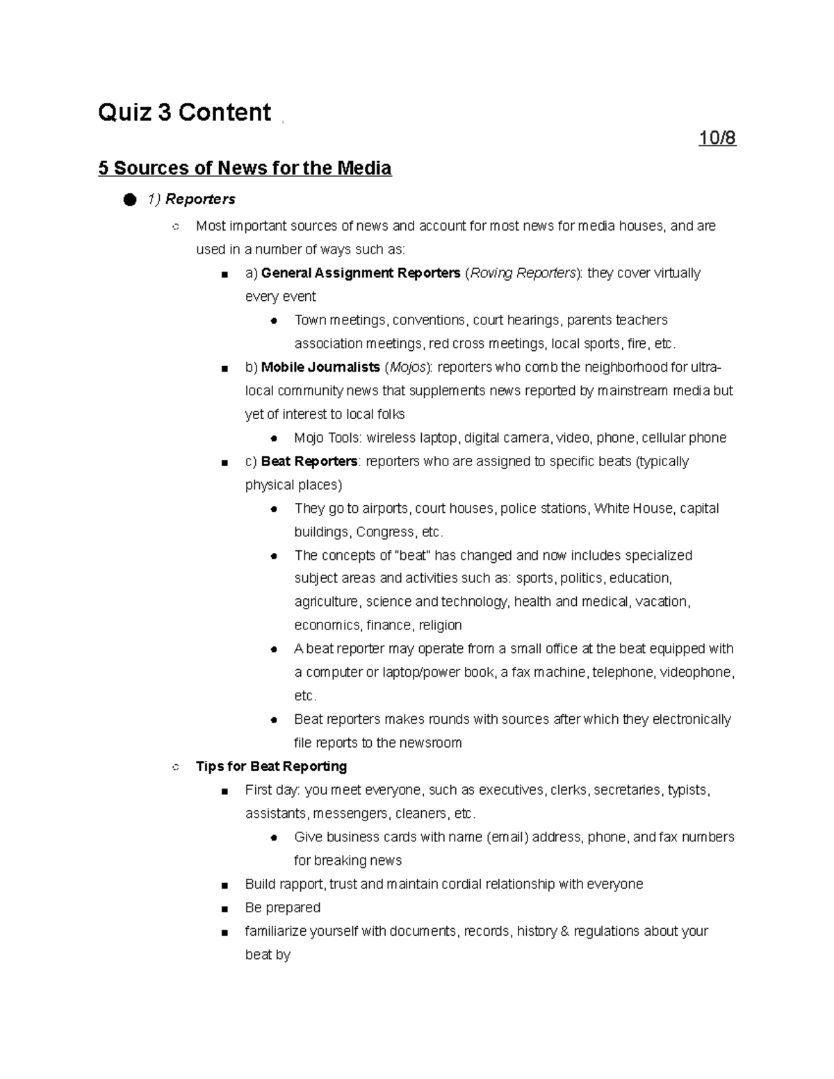 Quiz 3 Notes - Quiz 3 Content 10/ 5 Sources of News for the Media 1 ...