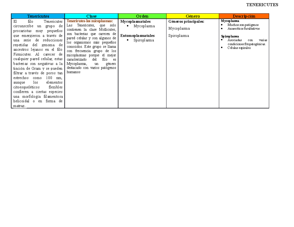 Mariela Tenericutes - Tenericutes Clase Orden Género Descripción El ...