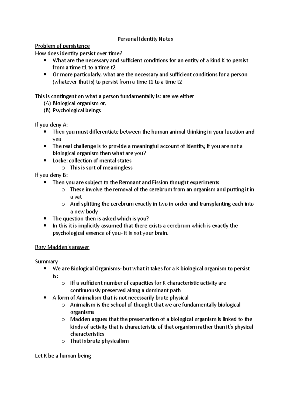Personal Identity Revision Notes - Personal Identity Notes Problem of ...