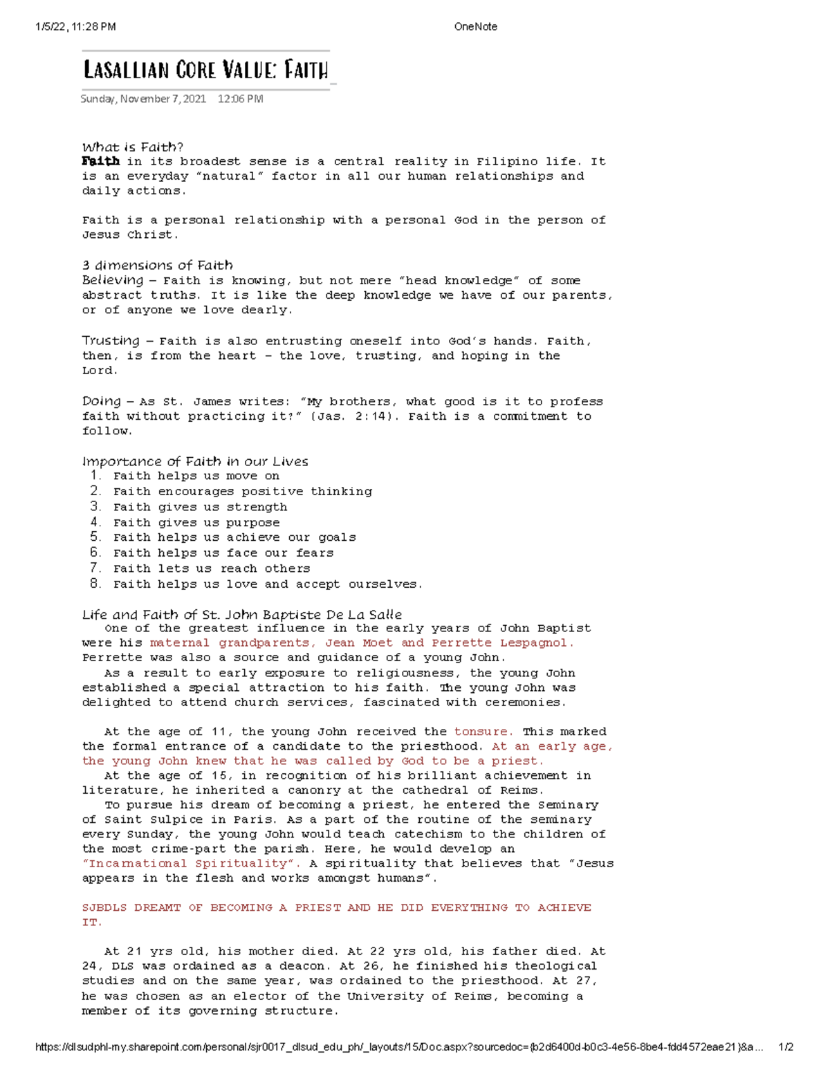 Lasallian Core Value Faith - 1/5/22, 11:28 PM OneNote - Studocu