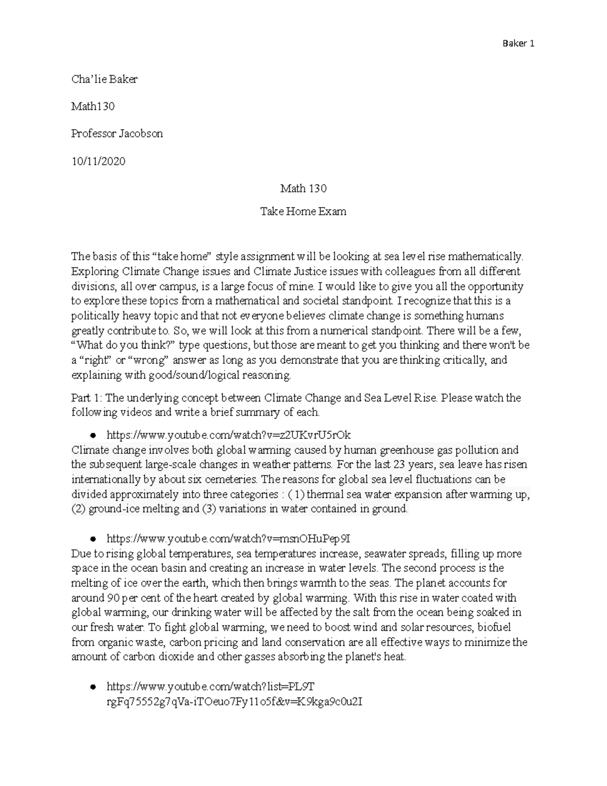 130 Take Home Exam Portion-Exam 1 - Cha’lie Baker Math Professor ...