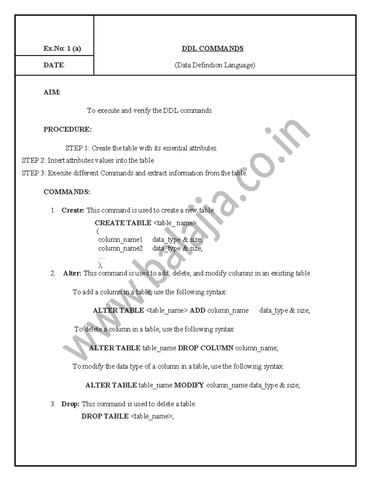Key Ex 1 Aandb Ddl And Constrains Ex 1 A Ddl Commands Date Data Definition Language Aim 1068