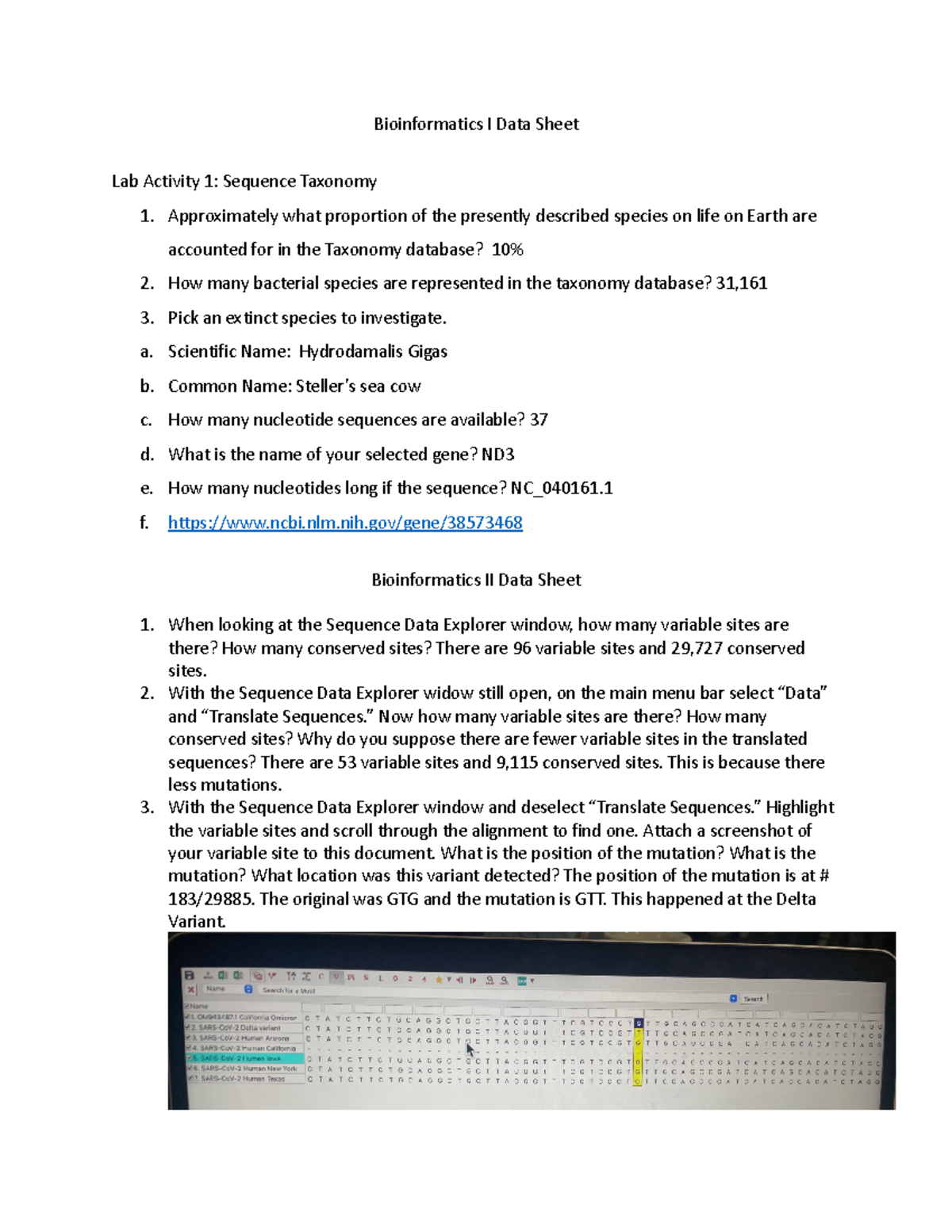 Bioinformatics I Data Sheet - Approximately what proportion of the presently described species ...