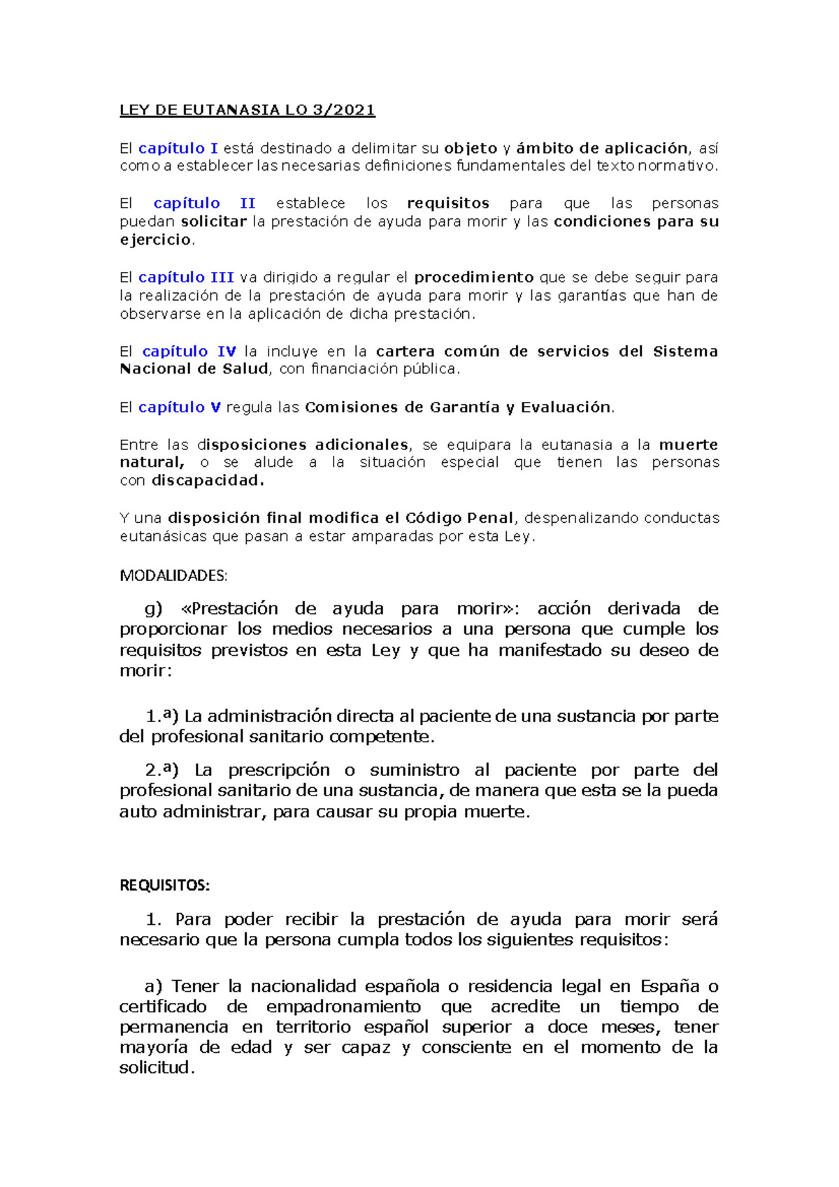 Resumen LEY - bbbbbbbbbbbbb - LEY DE EUTANASIA LO 3/ El capítulo I está ...