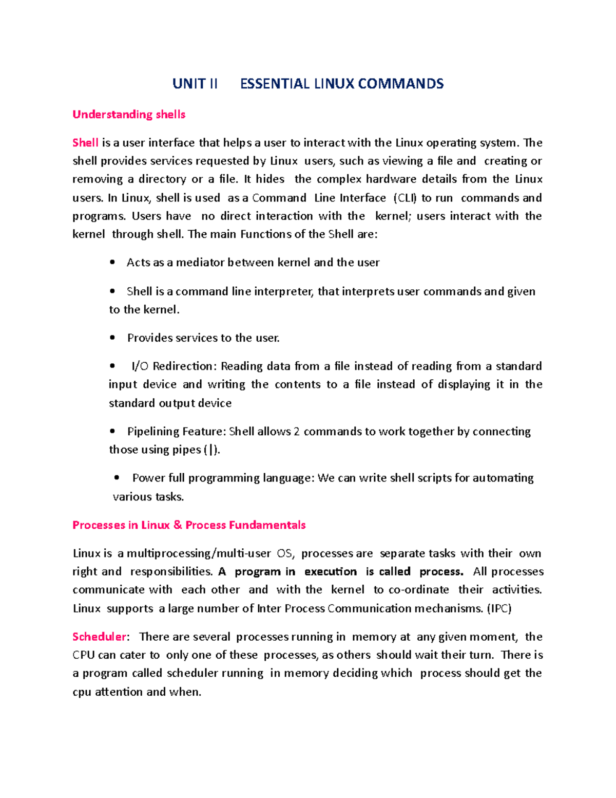 U2process - UNIT II ESSENTIAL LINUX COMMANDS Understanding shells Shell ...
