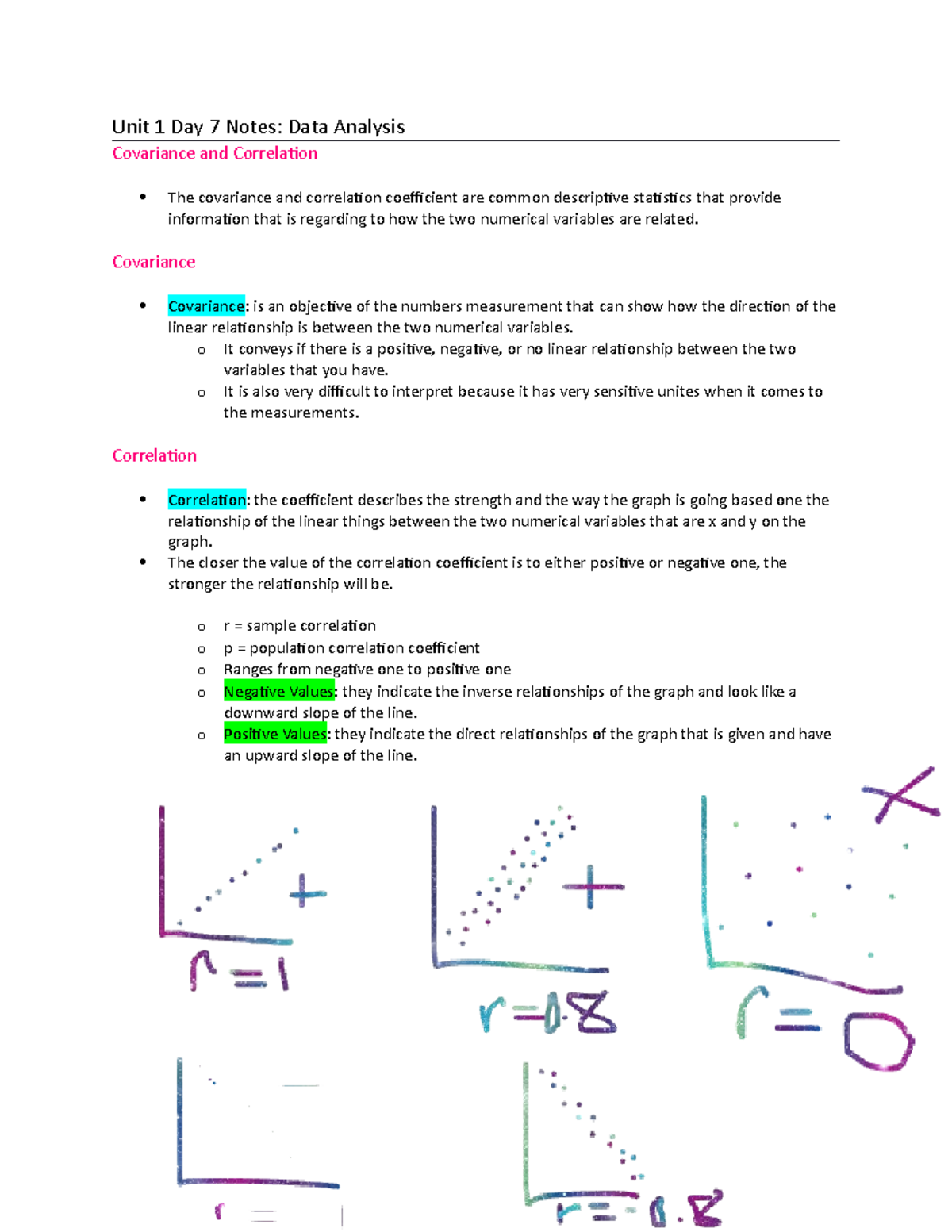 Unit 1 Day 7 Notes - Unit 1 Day 7 Notes: Data Analysis Covariance and ...