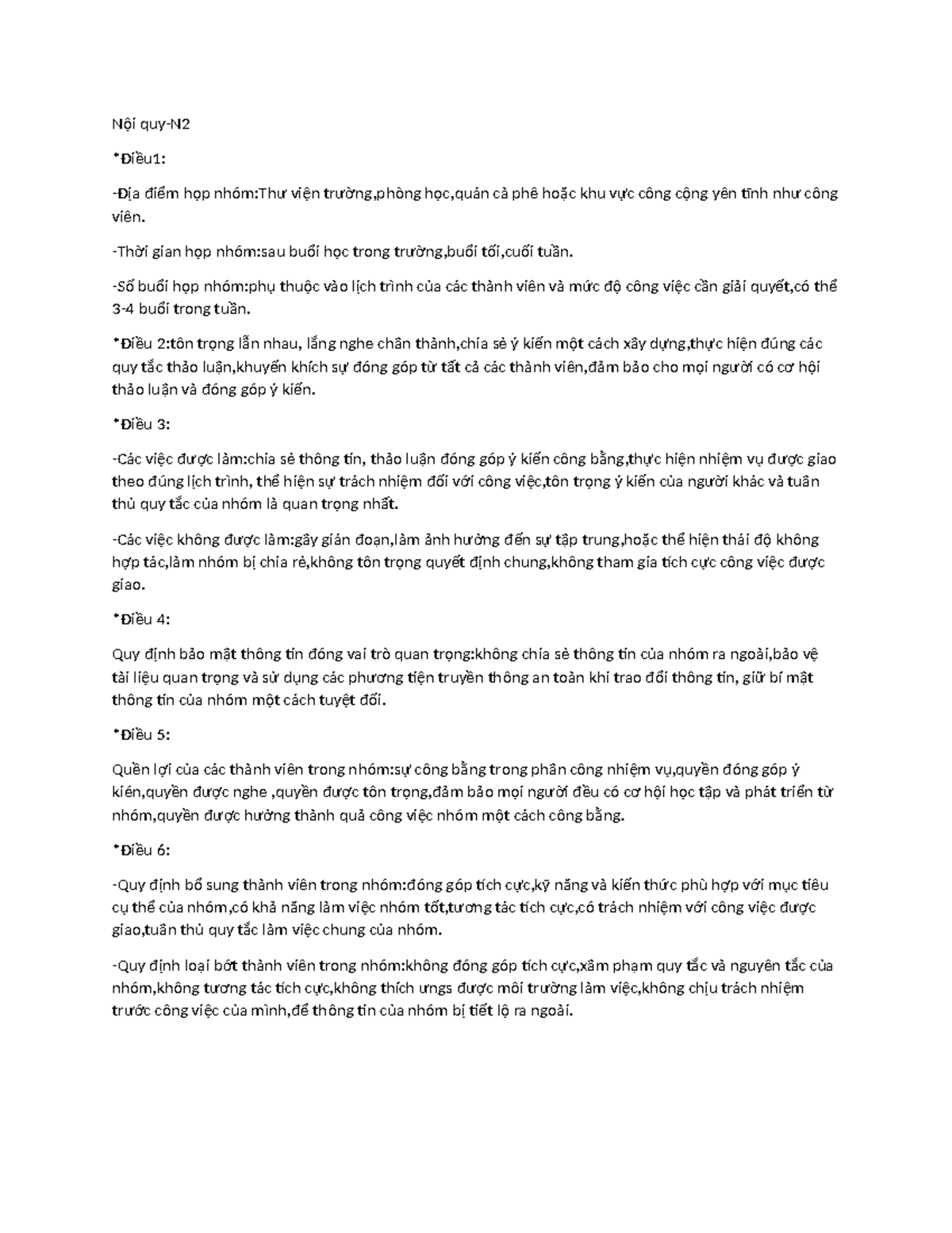 Nội quy - Tài liệu - Nội quy-N *Điều1: -Địa điểm họp nhóm:Thư viện trường,phòng học,quán cà phê ...