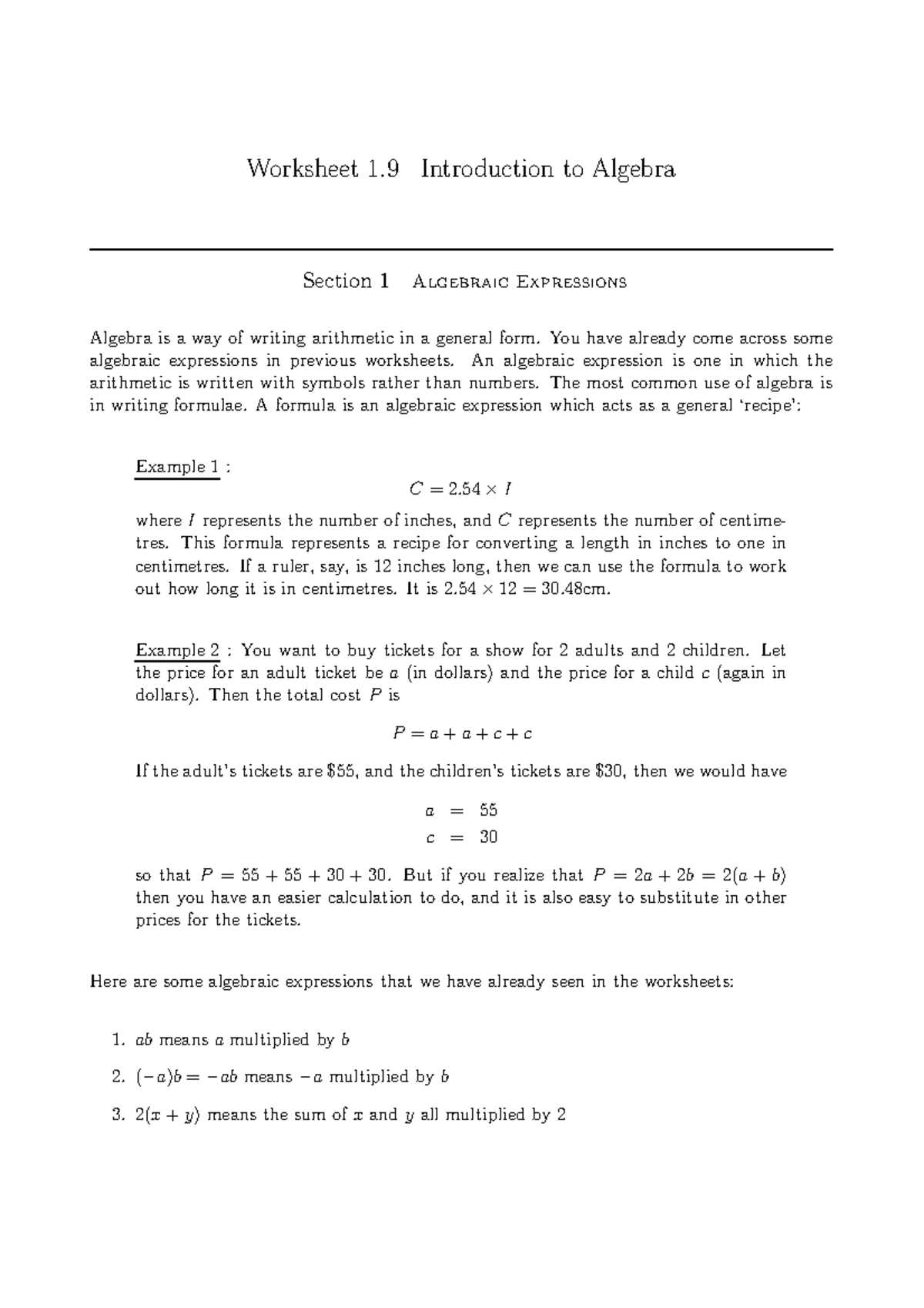 Module 1 - nothing else - Worksheet 1. 9 Introduction to Algebra ...