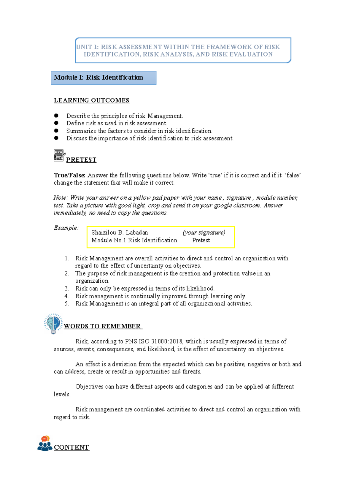 Module 1 - 2022-2023 - UNIT 1: RISK ASSESSMENT WITHIN THE FRAMEWORK OF ...