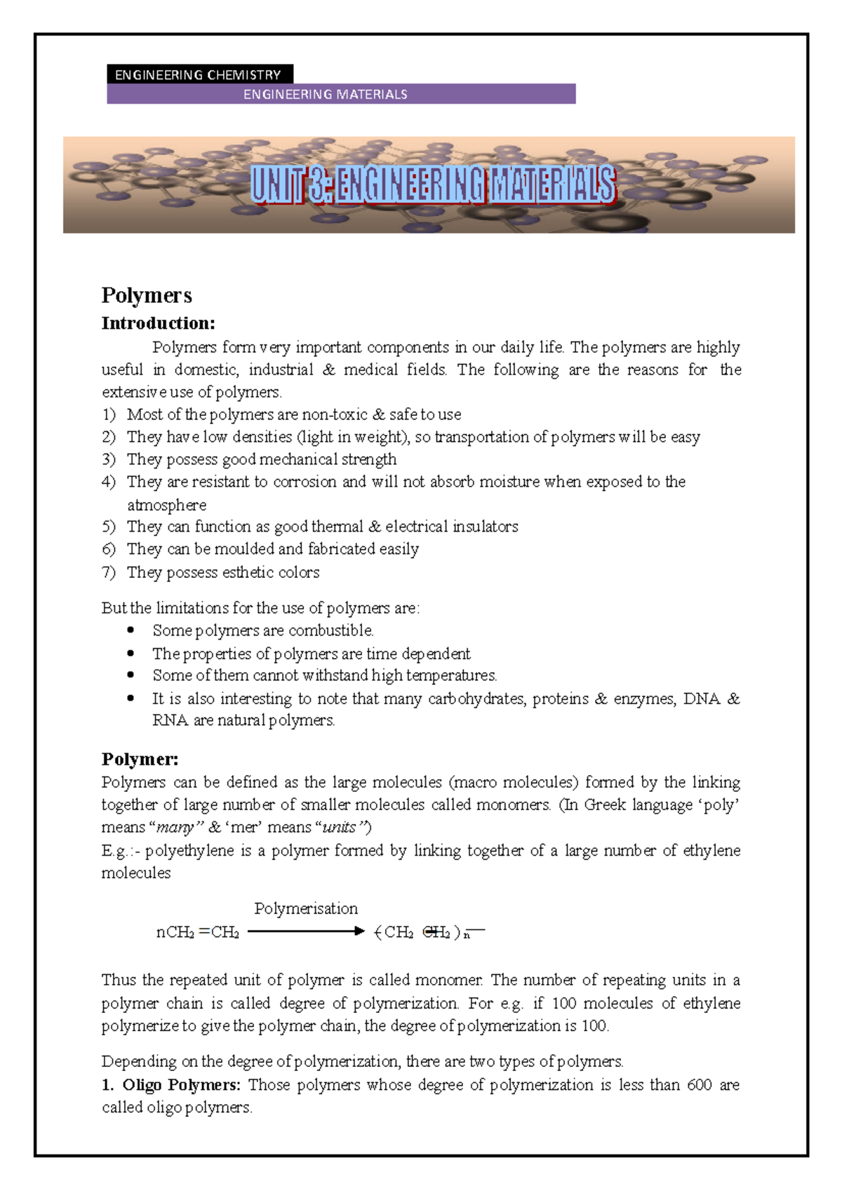 Unit 3 - Engineering Materials - ENGINEERING CHEMISTRY ENGINEERING MATERIALS Polymers ...