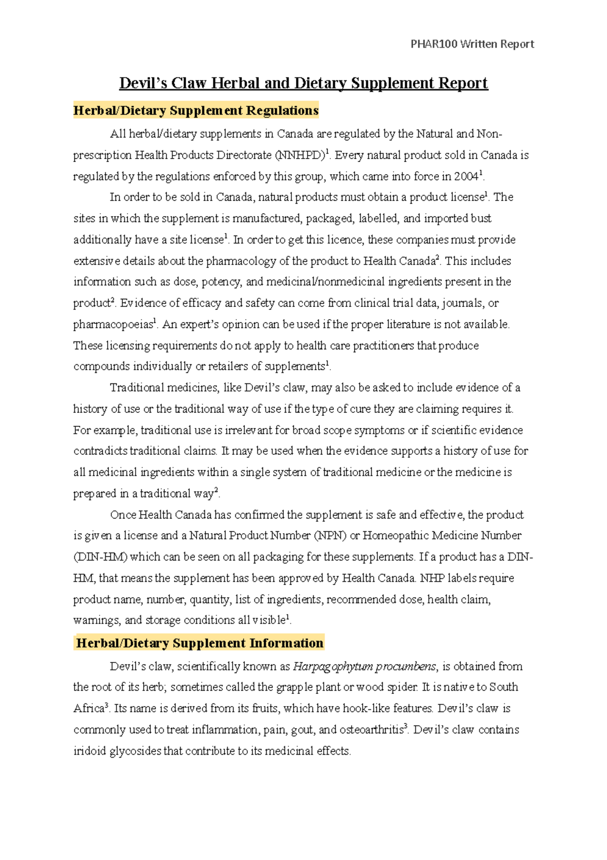 Supplement Research Assignment - Devil’s Claw Herbal and Dietary ...