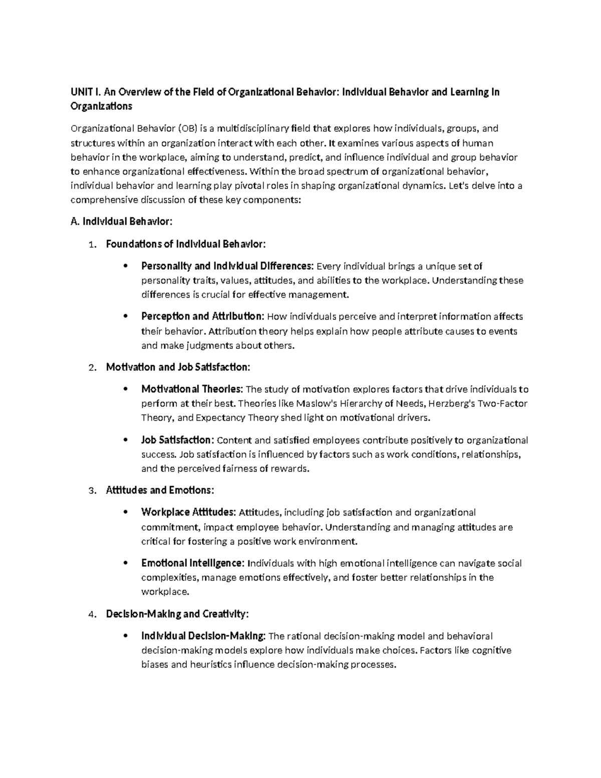 UNIT-I-Human Behaviour Organization - UNIT I. An Overview of the Field ...