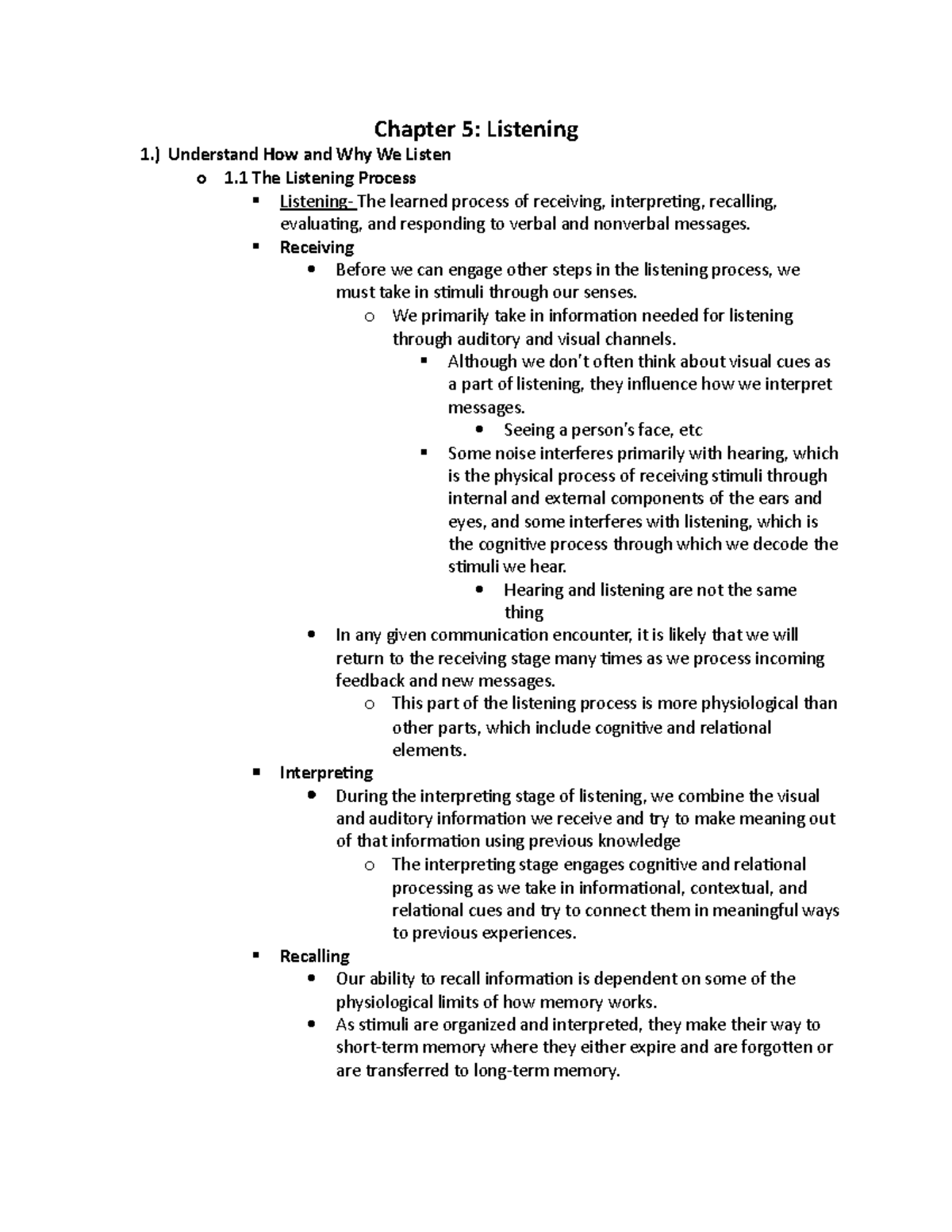 Chapter 5 Speech - Chapter 5: Listening 1.) Understand How and Why We ...