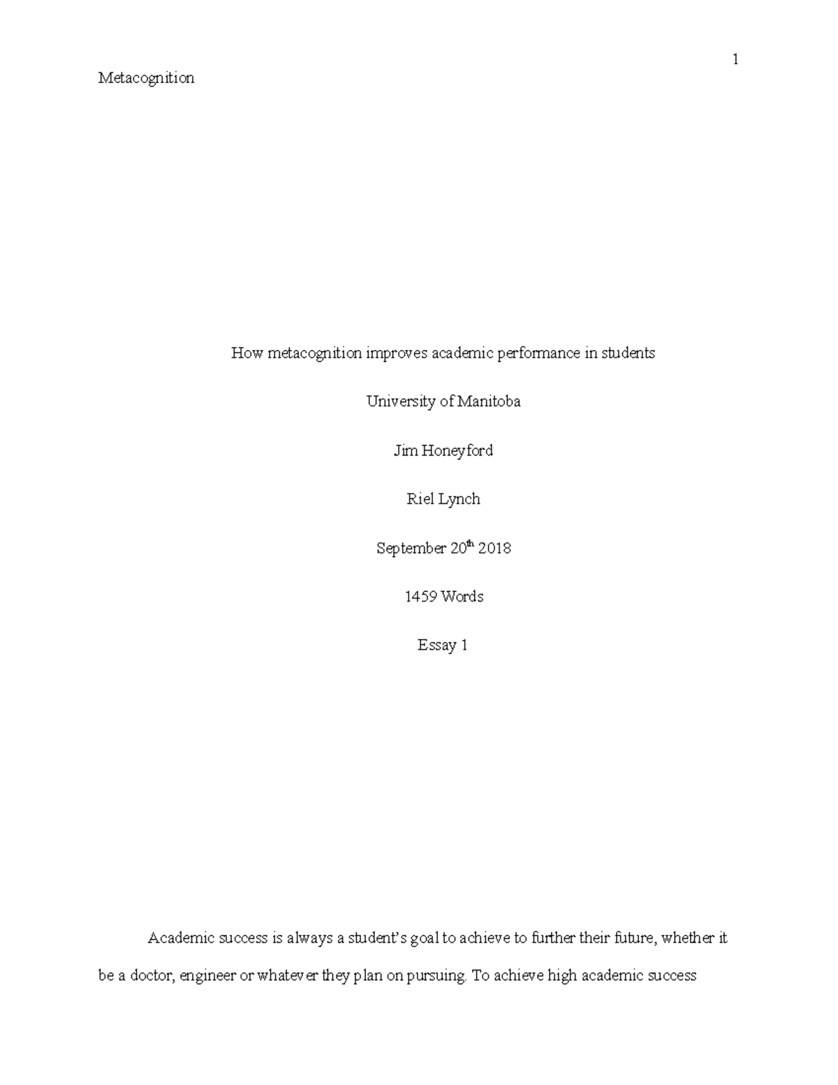 Metacog 1500 - Grade: A - 1 Metacognition How metacognition improves ...