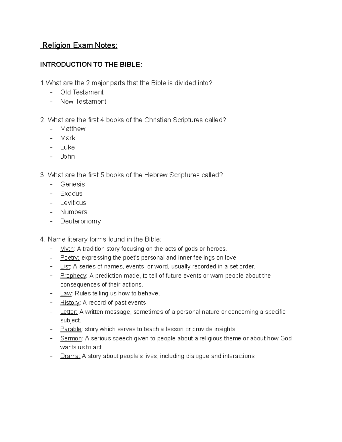 Religion Exam Notes - Religion Exam Notes: INTRODUCTION TO THE BIBLE: 1 ...