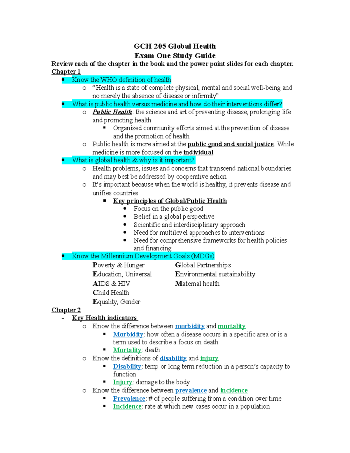 16. Study Guide Exam One - GCH 205 Global Health Exam One Study Guide ...