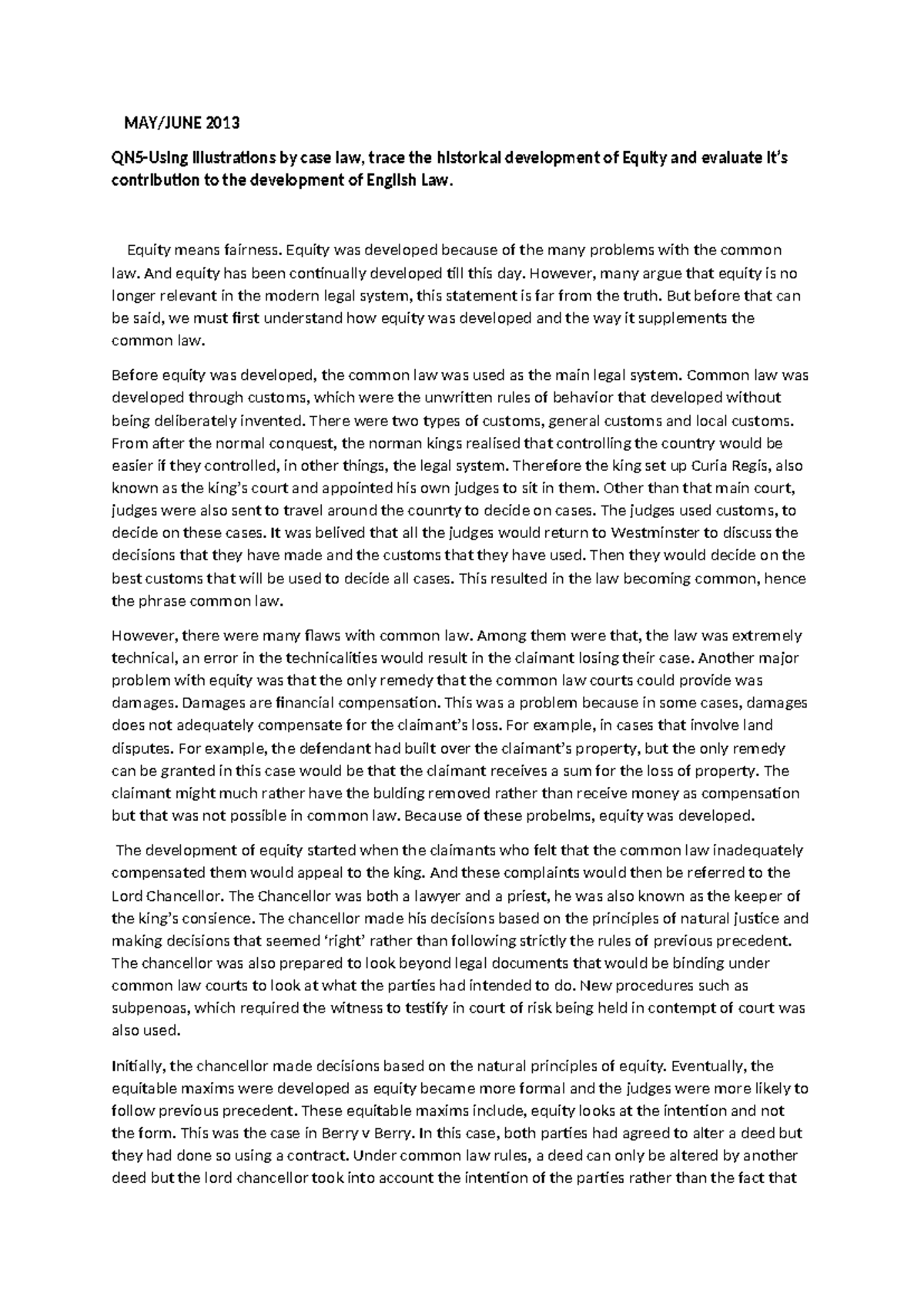 Claw sample answer - MAY/JUNE 2013 QN5-Using illustrations by case law ...