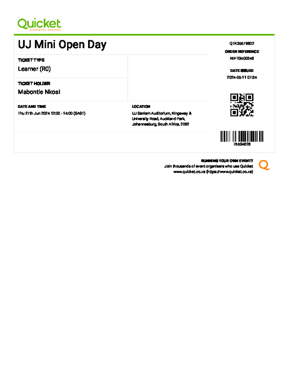 Nelda Geustyn Tickets Quicket - UJ Mini Open Day TICKET TYPE Learner ...