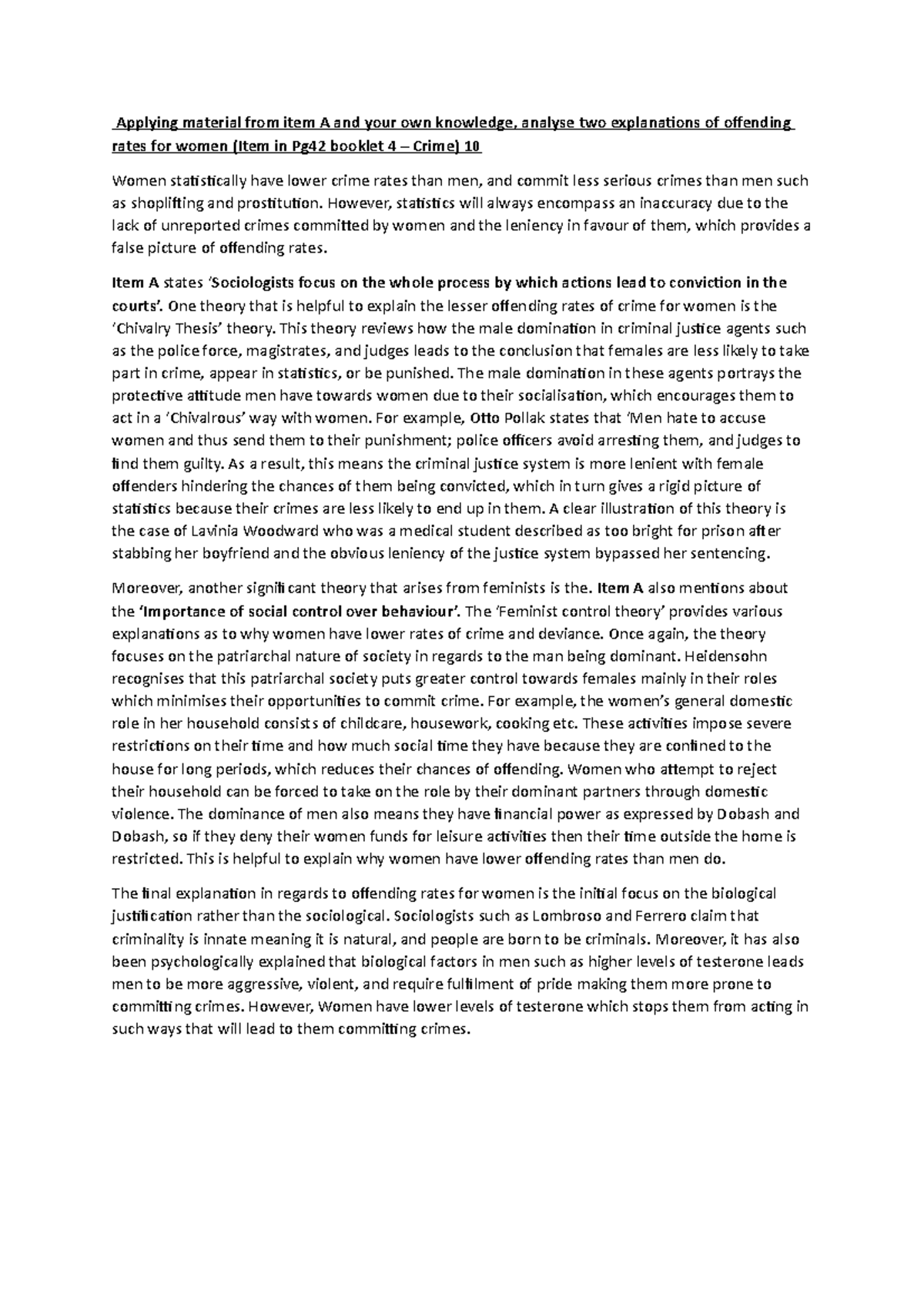 Offending rates in women - Applying material from item A and your own ...