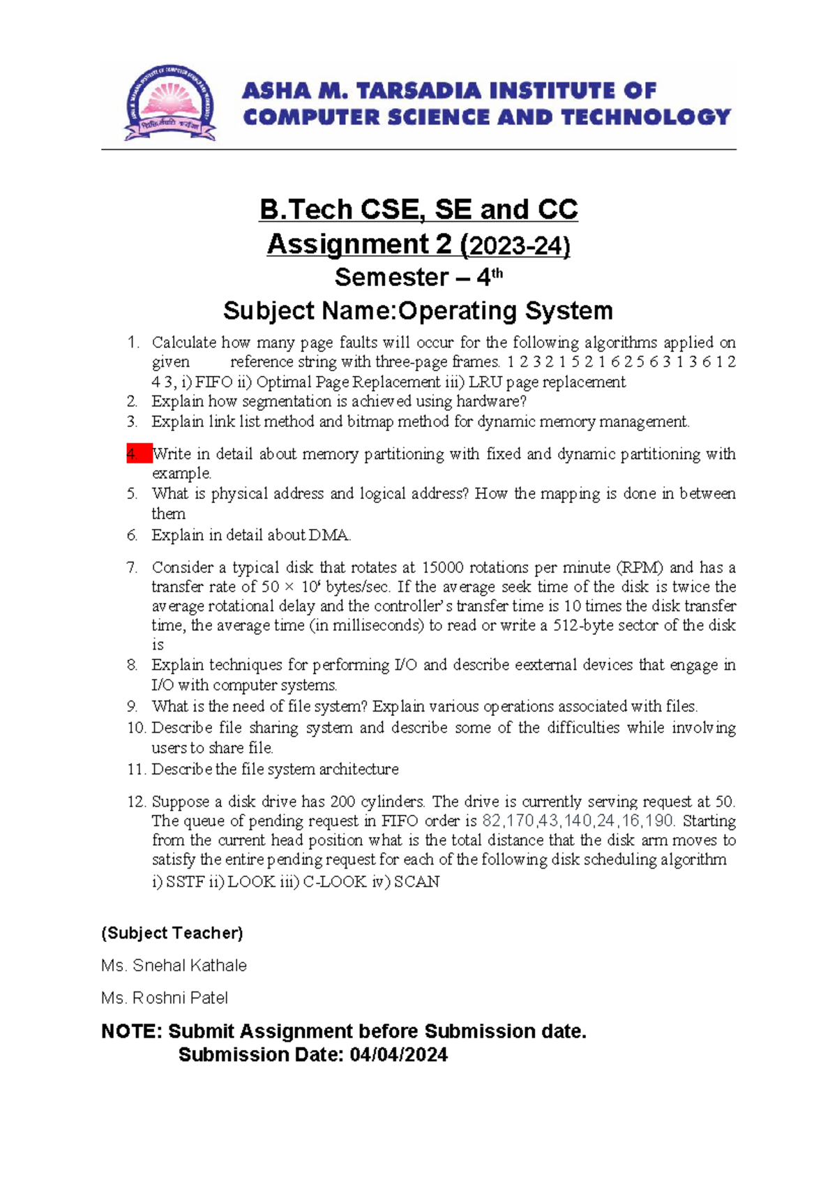 Operating system assignment - B CSE, SE and CC Assignment 2 (2023-24 ...