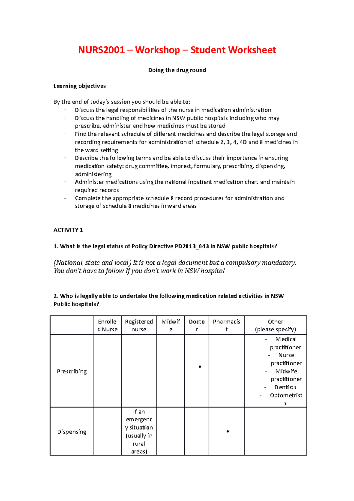 NURS2001 Worksheets - NURS2001 – Workshop – Student Worksheet Doing the ...